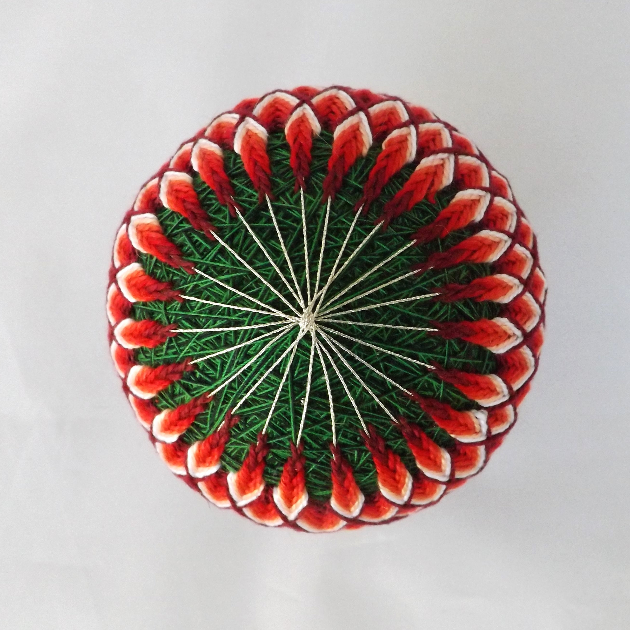 Japanese Temari Ball Hand Made by Me, Two Red Kiko Flowers Over Green ...