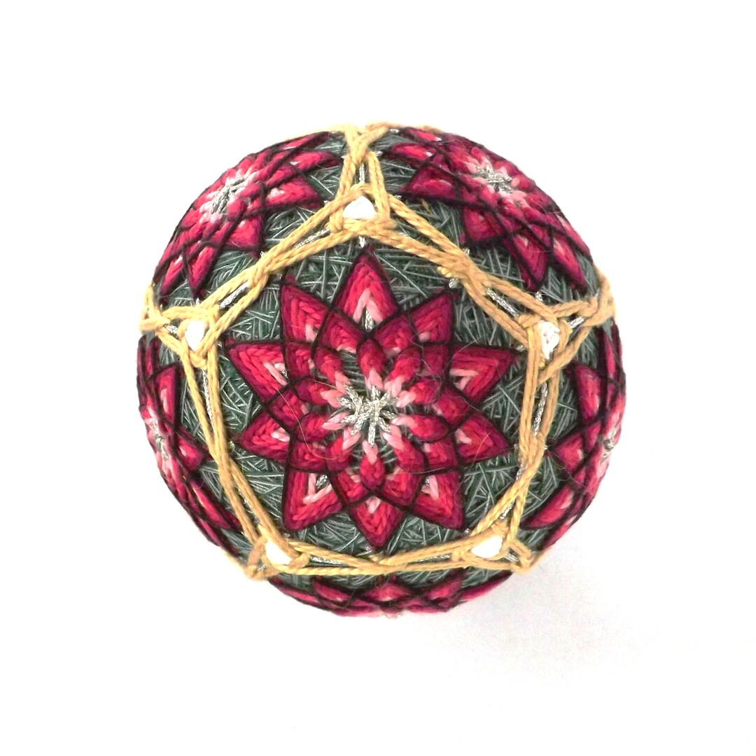 Japanese Temari Ball , Made by Me, Twelve Red Flowers, With Beige Woven ...