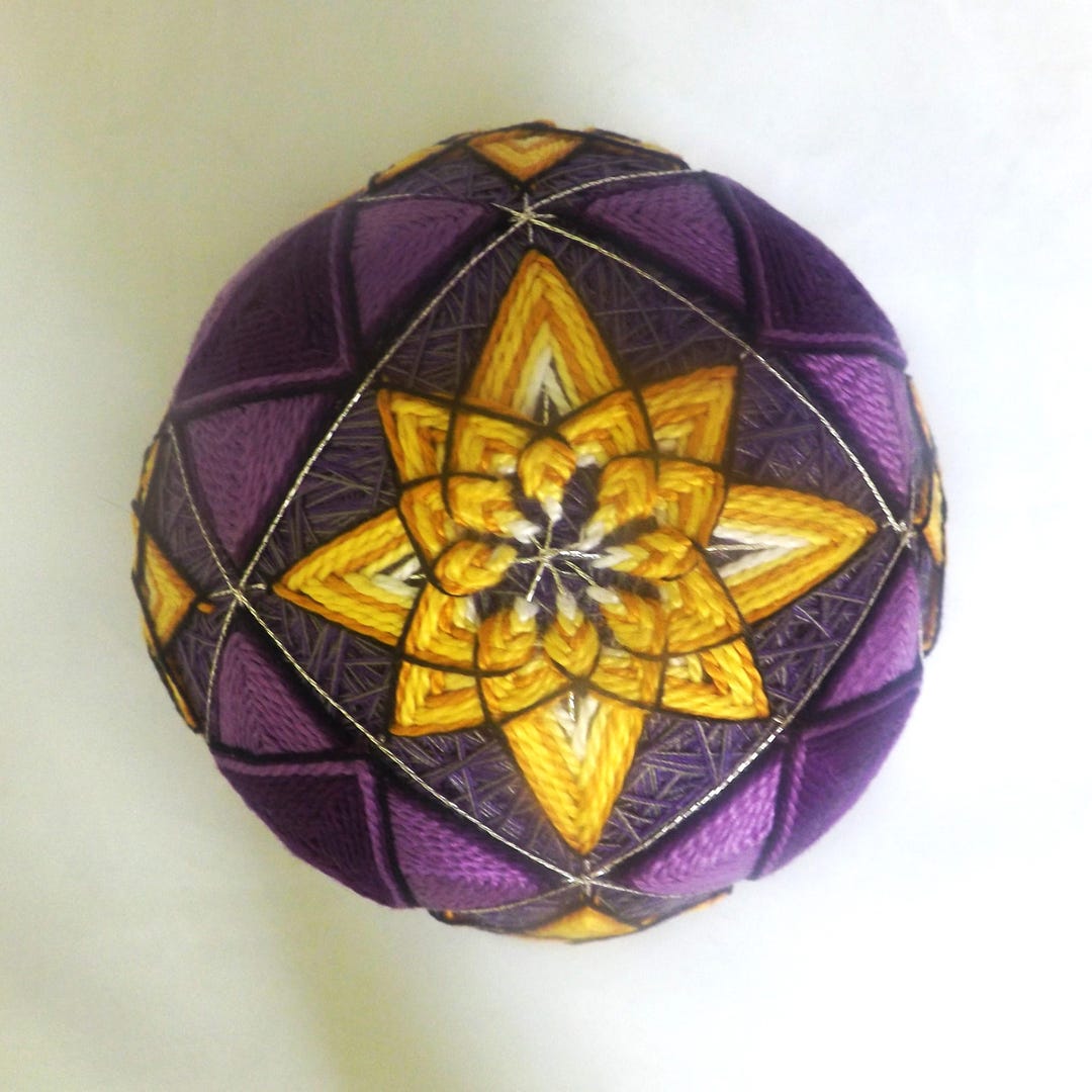 Japanese Temari Ball Handmade, Six Yellow Kiko Flowers Between Eight ...