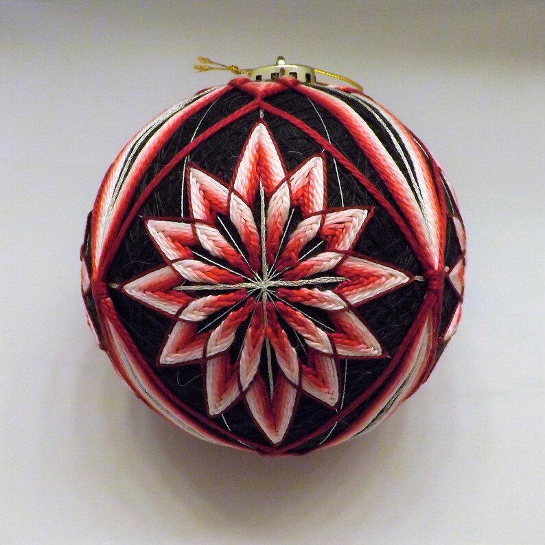 Japanese Temari Ball Handmade 4 Red Kiko Flowers on Black 5 Inch ...
