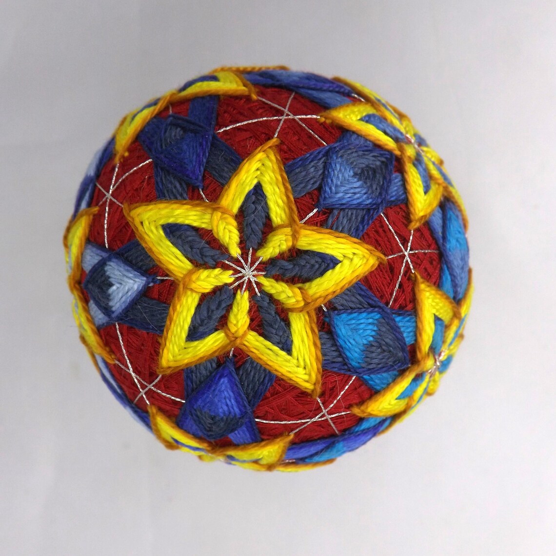 Japanese Temari Ball, Handmade by Me, Twelve Golden Flowers Over Twelve ...