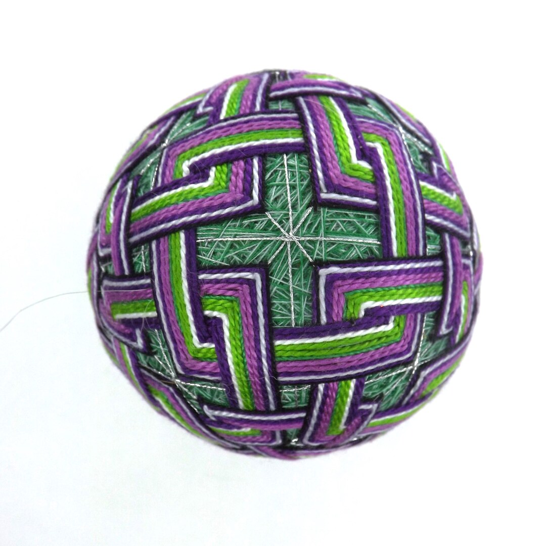 Japanese Temari Ball Handmade Rice Hulls With Bell, With Eighteen Interlocking Squares and Eight ...