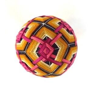 Japanese Temari Ball , Twelve Gold Diamonds With Interlocking Light and Dark Pink Woven ...