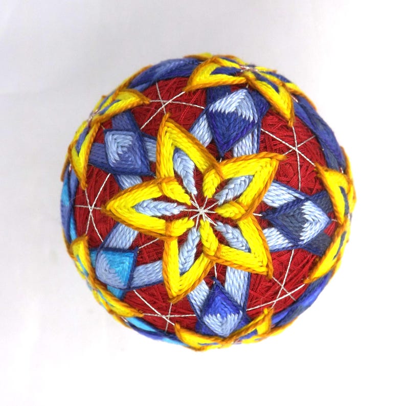 Japanese Temari Ball, Handmade by Me, Twelve Golden Flowers Over Twelve ...
