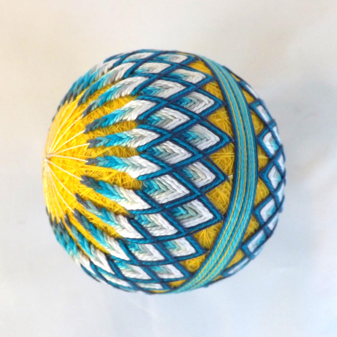 Japanese Temari Ball Handmade by Me, Two Teal Blue Kiko Flowers Over ...