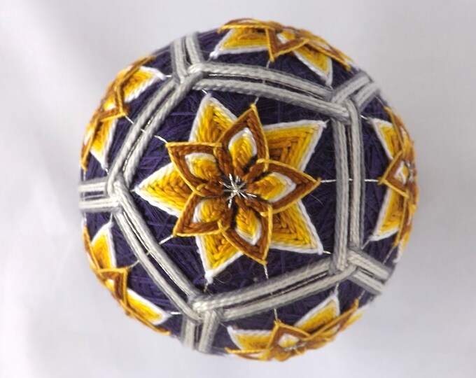 Japanese Temari Ball, Handmade by Me, Twelve Yellow Flowers With a Gray ...