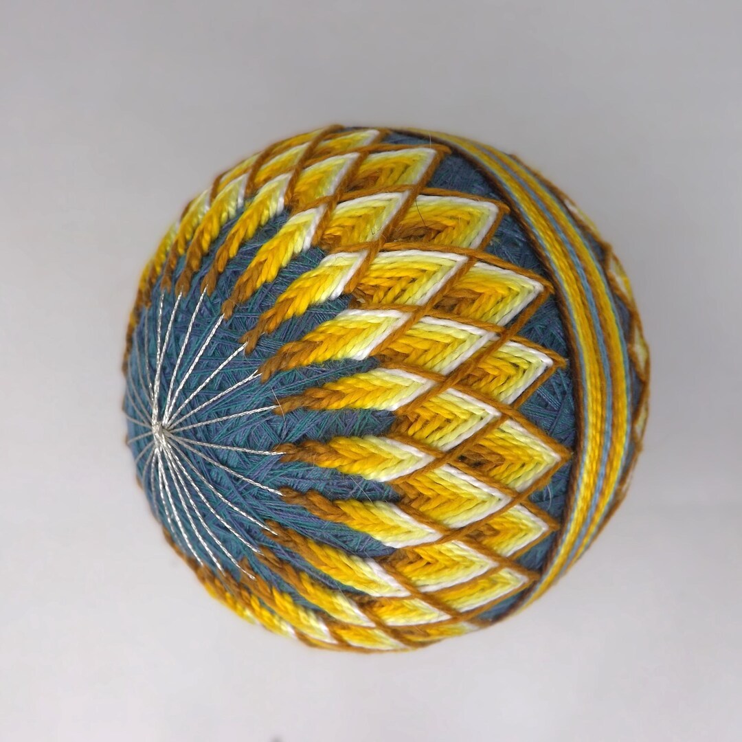 Japanese Temari Ball Hand Made by Me, Two Yellow Kiko Flowers Over Teal ...