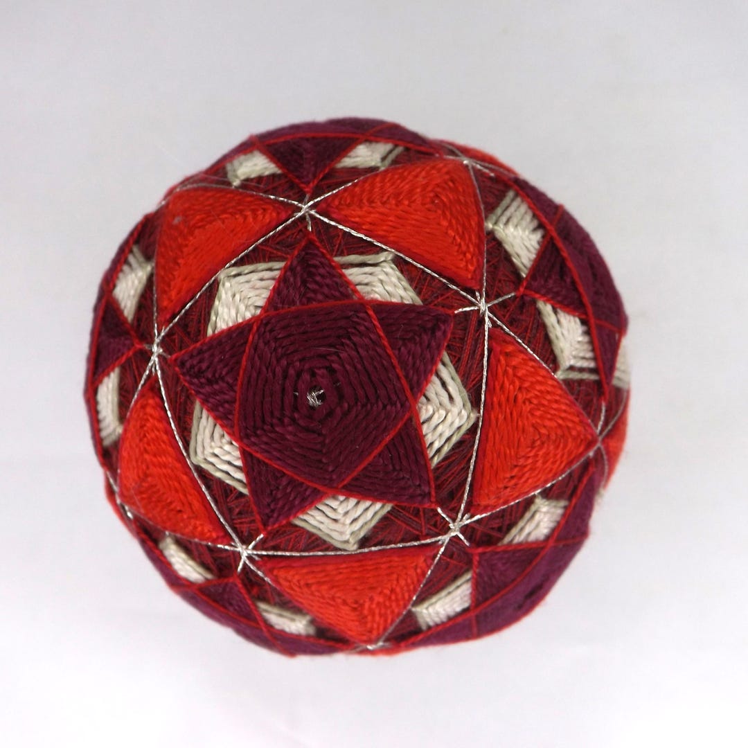 Japanese Temari Ball, Handmade by Me, Twelve Burgundy Stars Over Cream ...