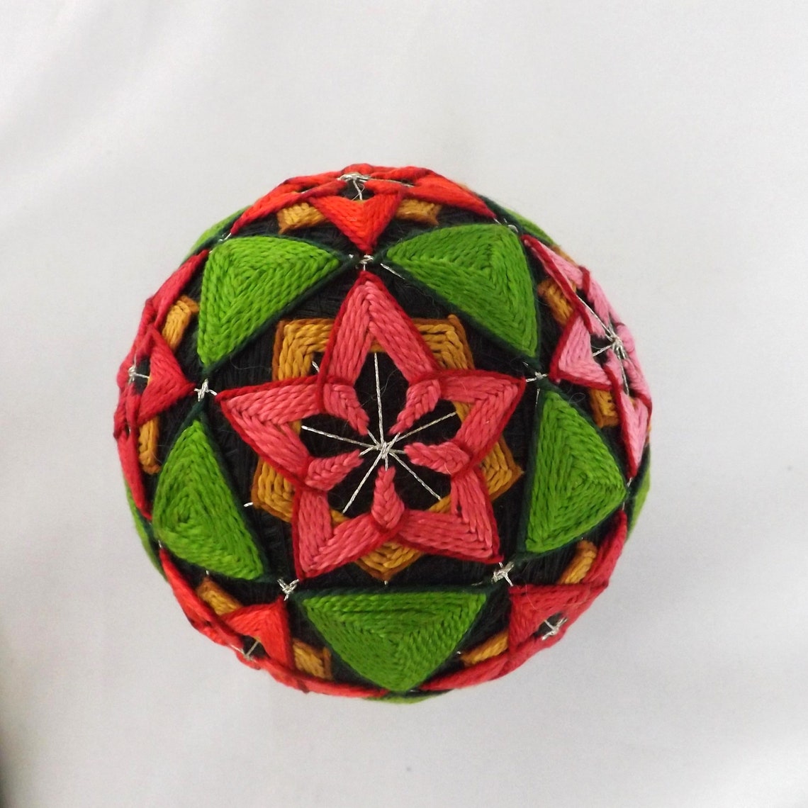 Japanese Temari Ball , Handmade by Me, Twelve Kiko Flowers in Pinks ...