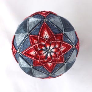 Japanese Temari Ball - Collectable Six Red Flowers in a Box of 8 Blue ...
