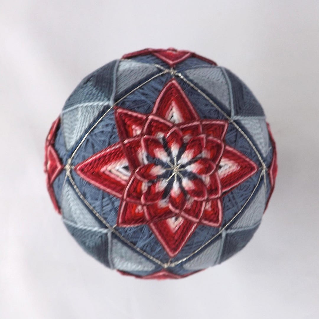 Japanese Temari Ball - Collectable Six Red Flowers in a Box of 8 Blue ...