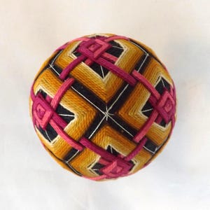 Japanese Temari Ball , Twelve Gold Diamonds With Interlocking Light and Dark Pink Woven ...