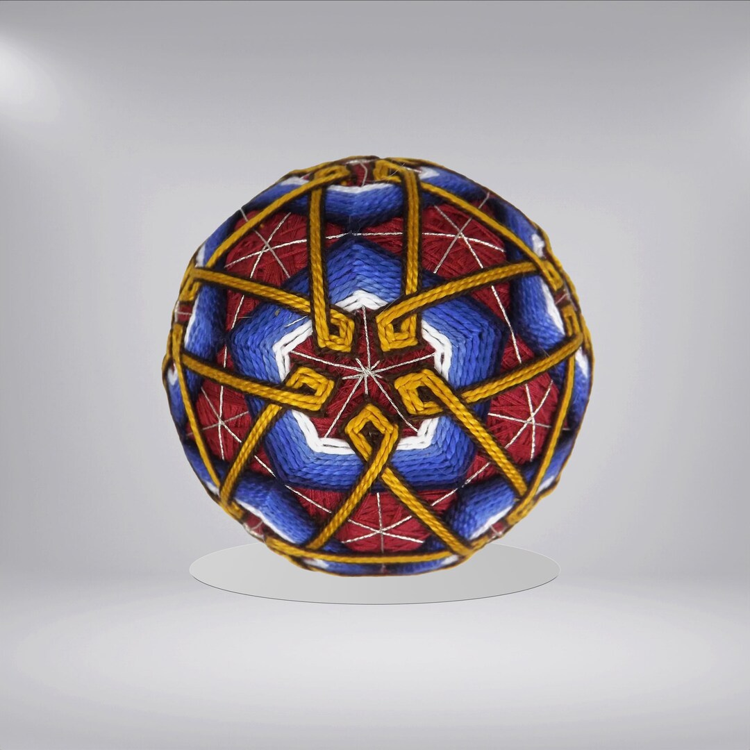 Japanese Temari Ball • Unique Burgundy Red & Blue Pentagon Design ...