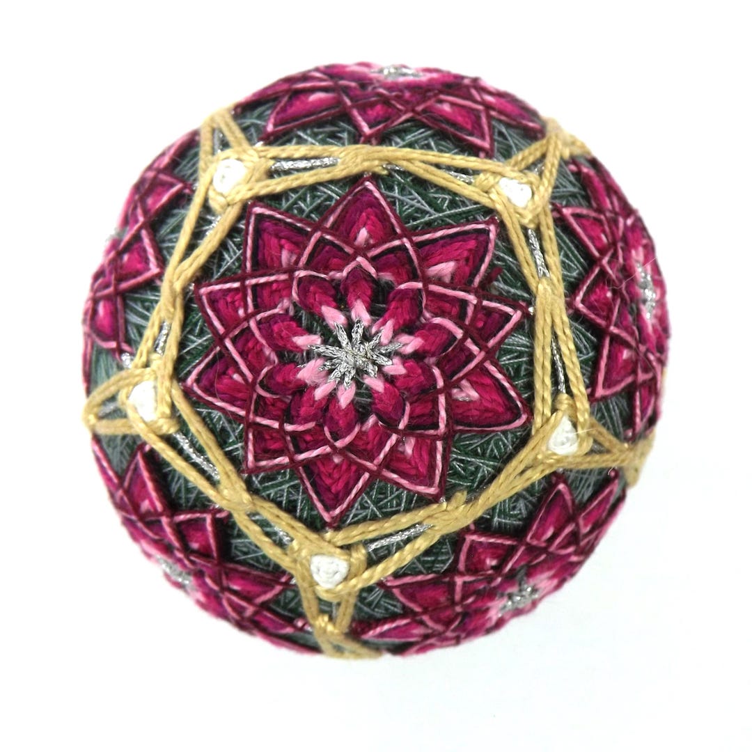 Japanese Temari Ball , Made by Me, Twelve Red Flowers, With Beige Woven ...