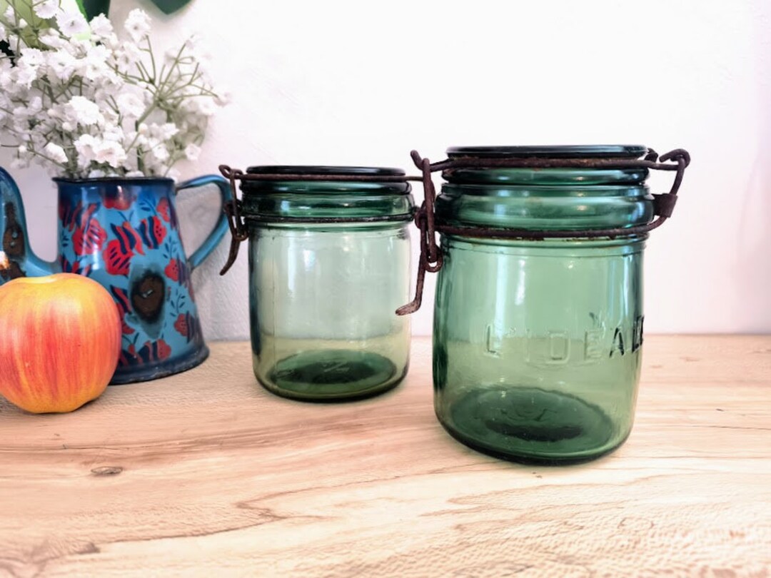 Pair of Green Glass French Canning Jars, 1/2 Litre, L'ideale Kitchen ...