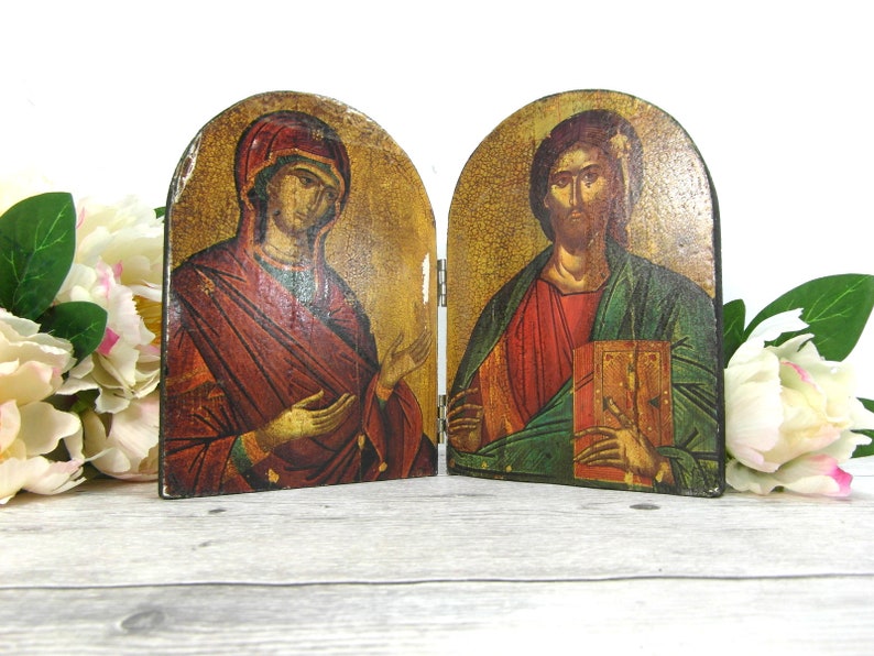 Pair of vintage religious icon prints on wood | Etsy