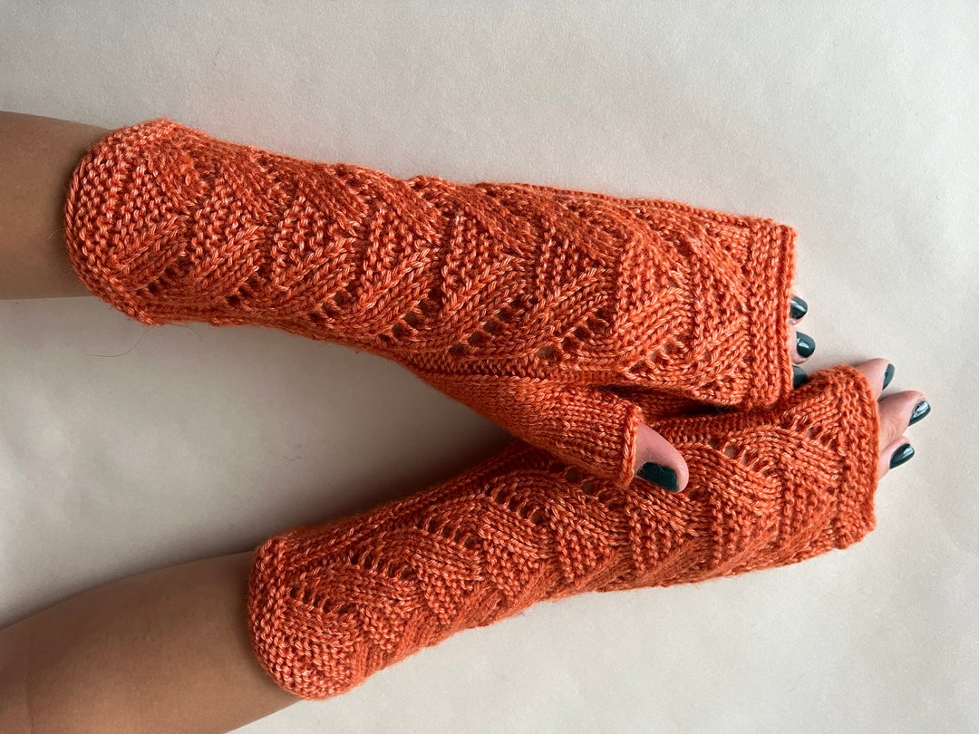 Knitted of SILK and Super Soft MERINO Wool. ORANGE Fingerless Gloves ...
