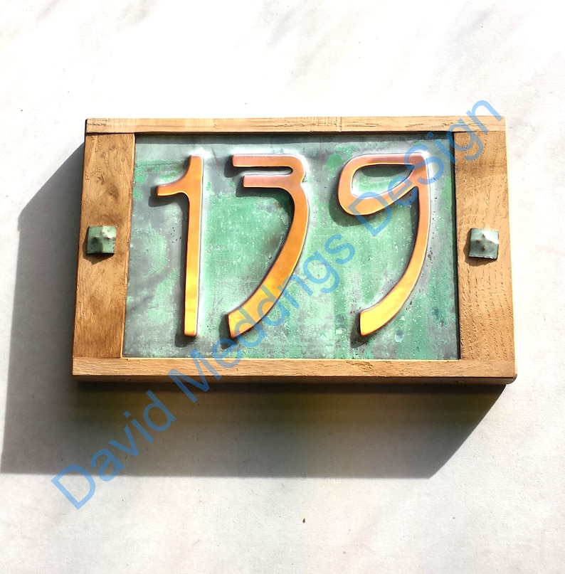 House Number Art Nouveau Plaque in Limed Oak and Copper 3x Nos 3"/75mm ...