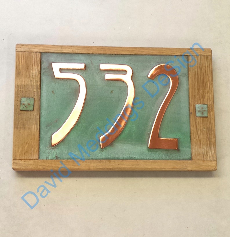 House Number Art Nouveau Plaque in Limed Oak and Copper 3x Nos 3"/75mm ...
