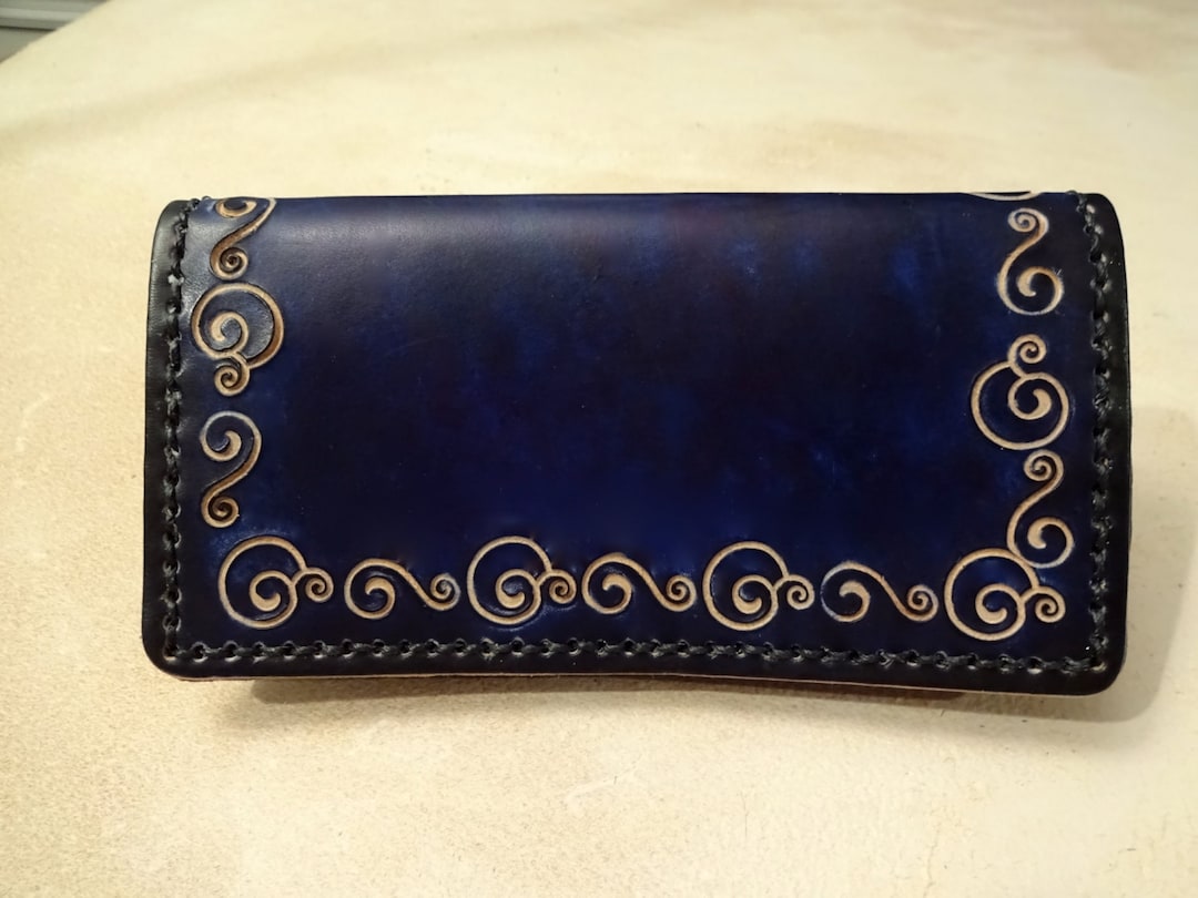 Blue Leather Checkbook Cover Tooled Leather Checkbook Cover Handmade ...