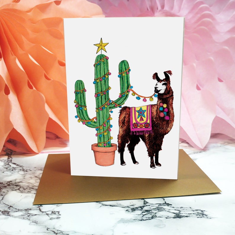 Llama and Cactus A6 Christmas Card // Festive Fiesta | Etsy