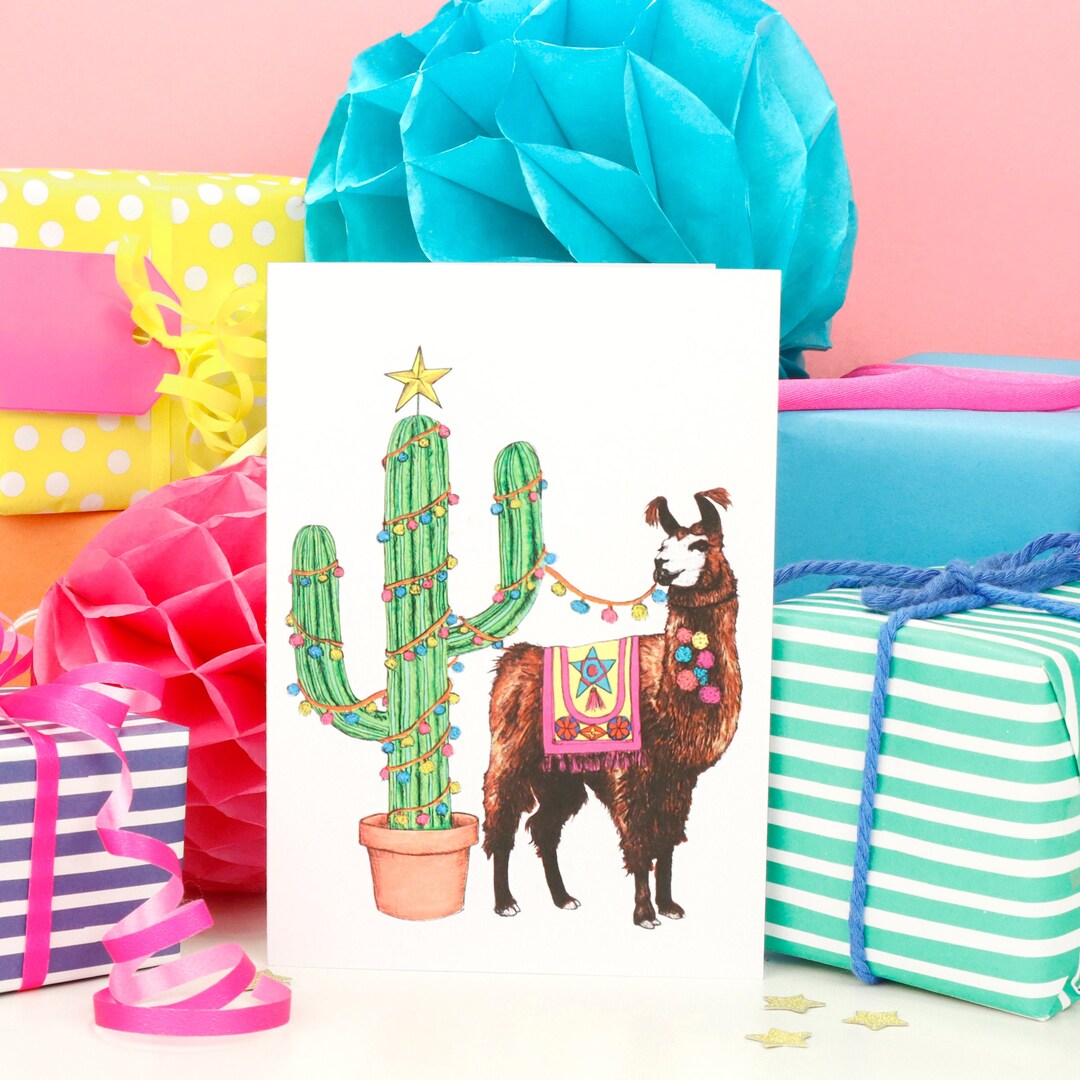 Llama and Cactus A6 Christmas Card // Festive Fiesta - Etsy