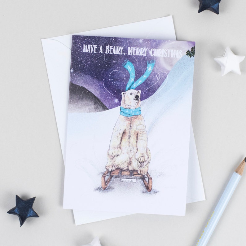 Sledding Polar Bear Christmas Card Winter Wonderland - Etsy