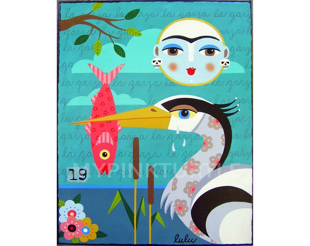 Frida Loteria Card La Garza With Heron, Skulls, Fish and Moon 8 X 10 ...