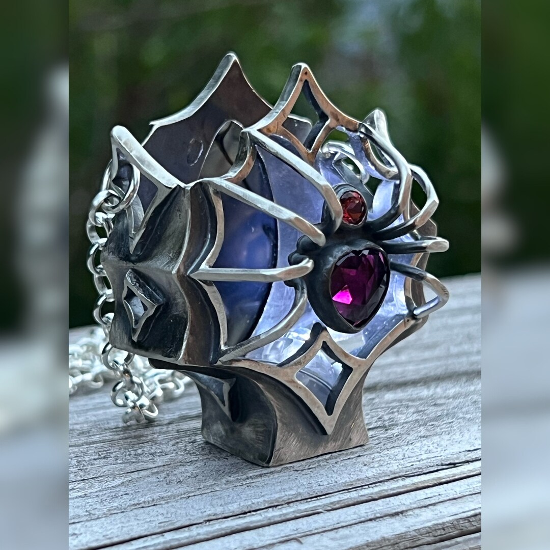 Black Widow Spider Lantern Vase. Sterling Silver, Garnet, Dragon Vein ...