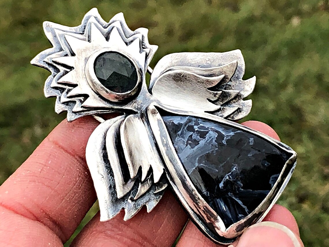 Dark Angel Pin Brooch. Artisan Sterling Silver Aquamarine | Etsy