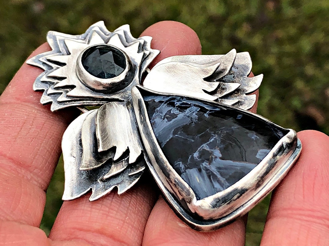 Dark Angel Pin Brooch. Artisan Sterling Silver, Aquamarine, Pietersite ...