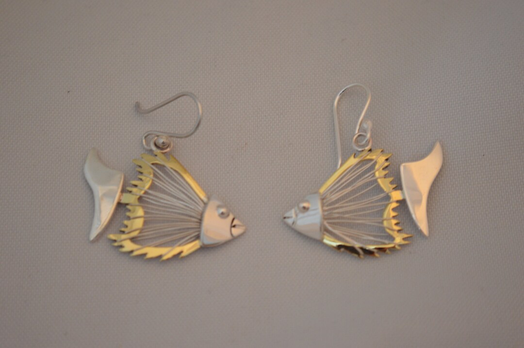 Solid .925 Sterling Silver Angel Fish Earrings W/brass Trim Handmade ...