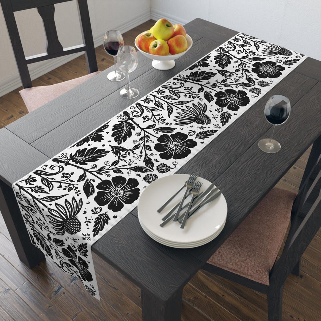 Black Linocut Floral Folk Art Table Runner, Cotton Poly | Rustic Dining ...