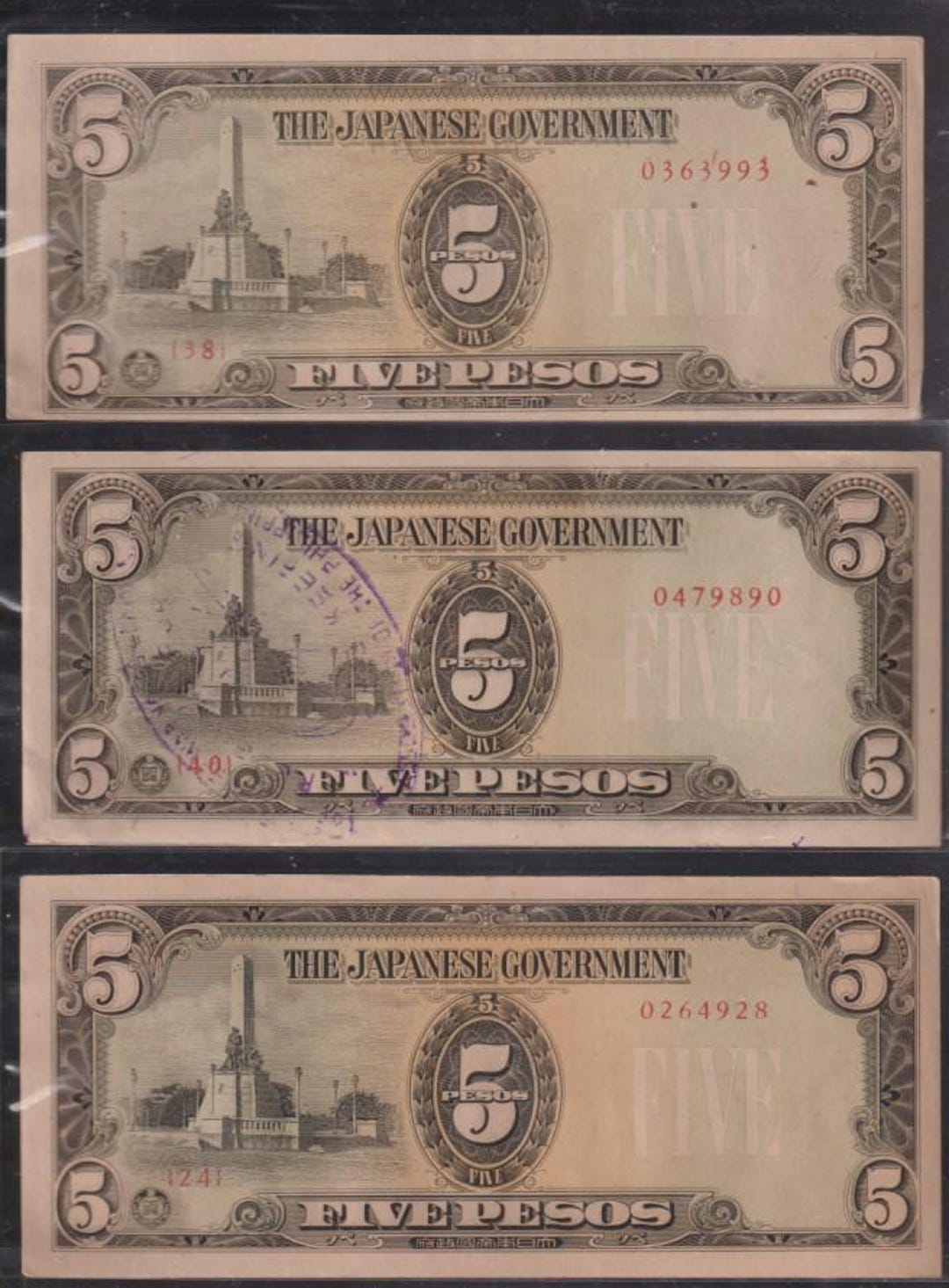 WWII 1943 (ND) Lot of 3 Japanese Occupation (JAPOC) Five 5 Peso Notes ...