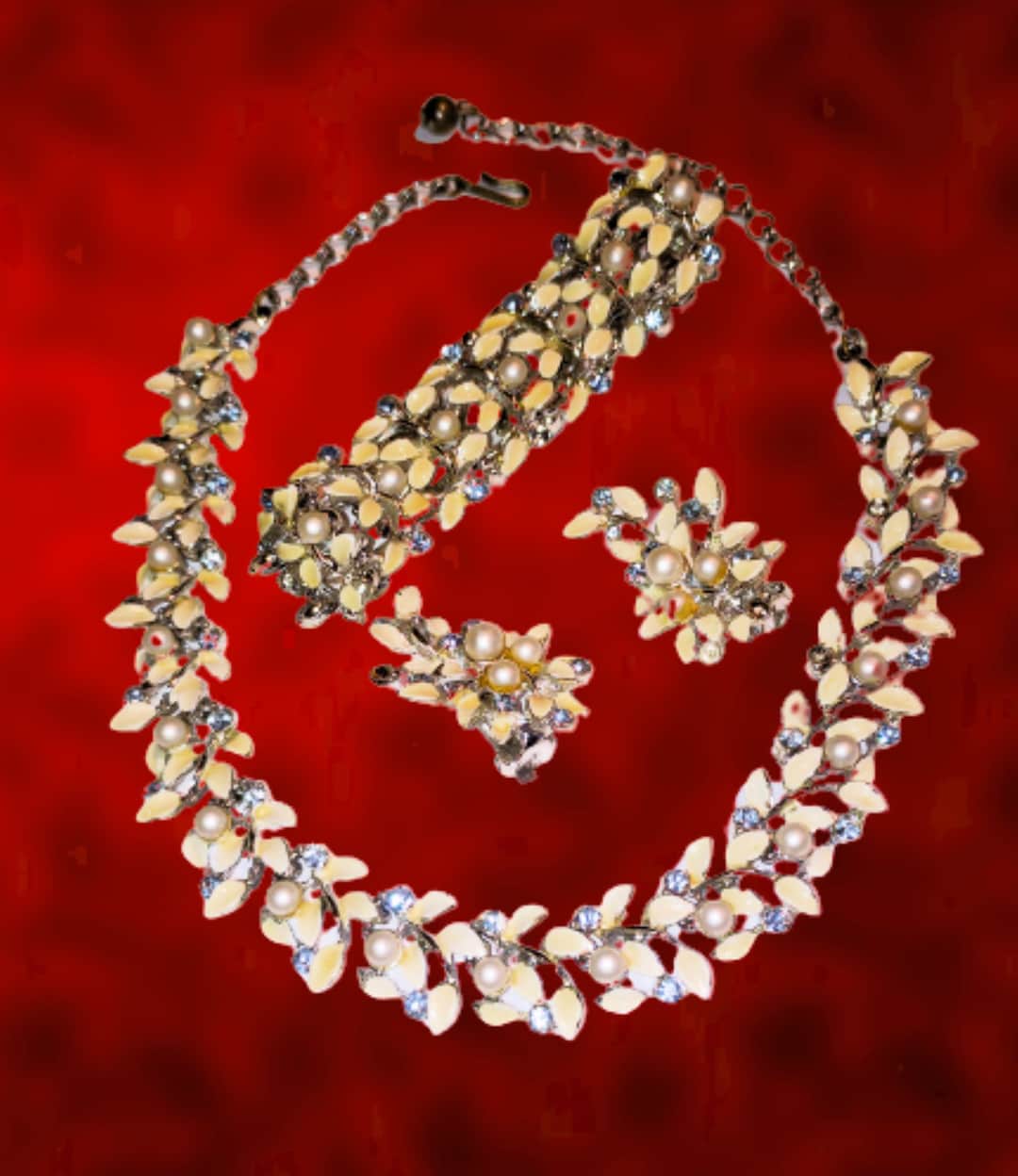 Jewelry Set Necklace Bracelet Clip on Earrings Vintage 1950s BSK Signed Midcentury Costume ...