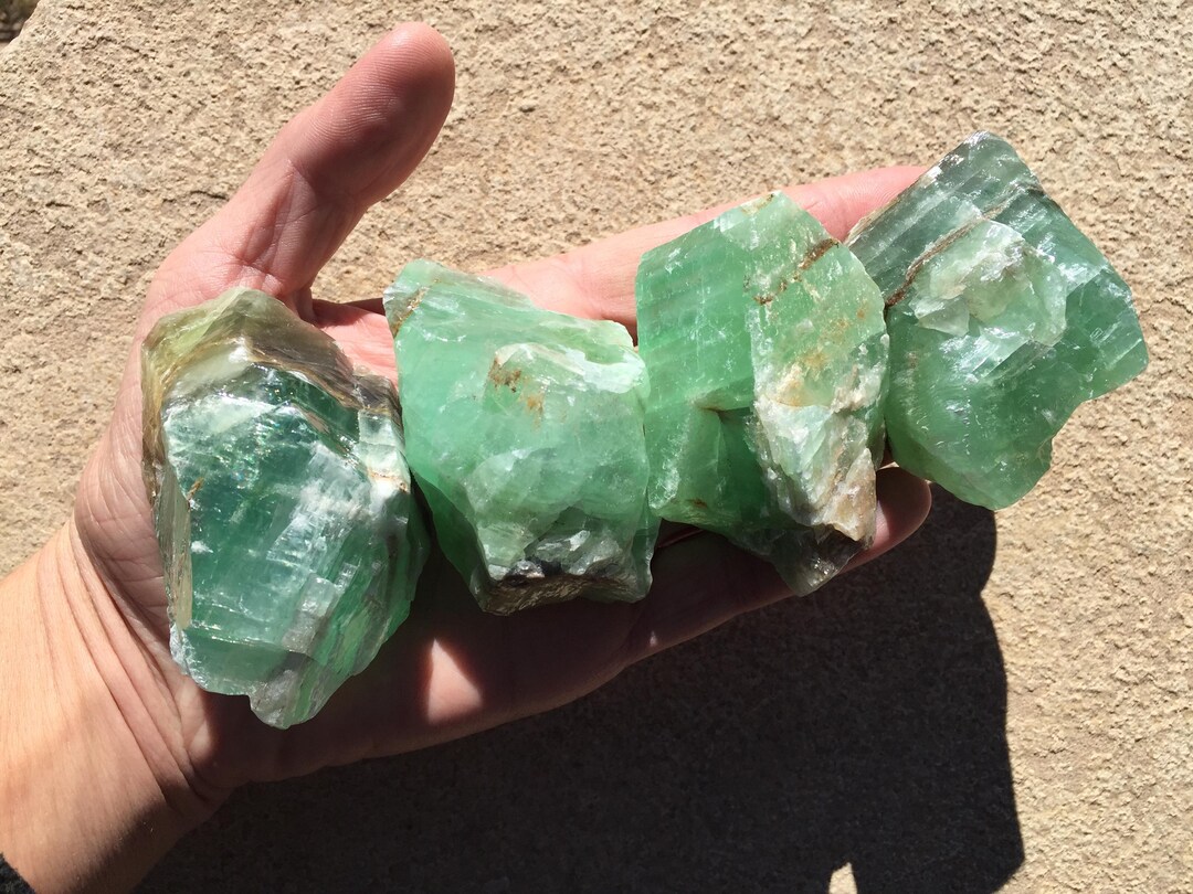 4 Emerald Calcite Crystals, Large 3 Inch Raw / Rough Green Calcite ...