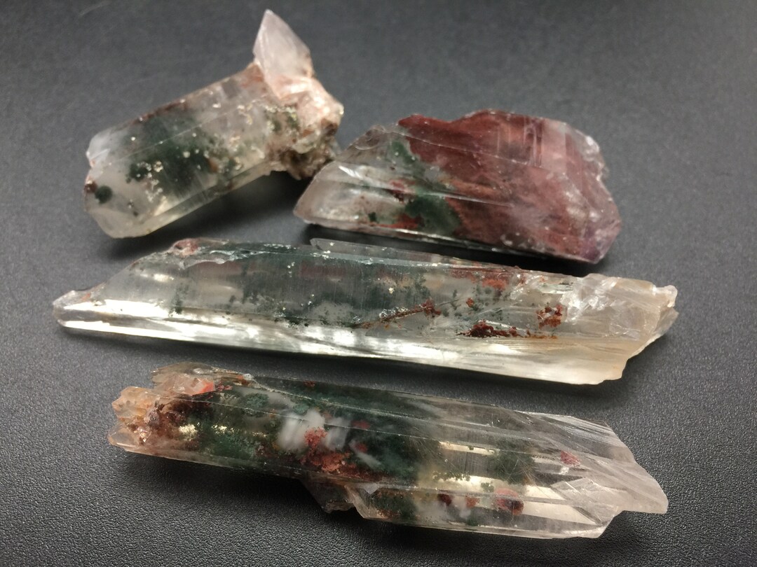 4 Chlorite Quartz Crystal Shards, Clear Quartz Crystals With Red and ...