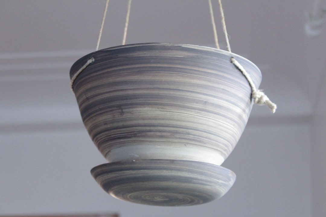 Hanging Pottery Planter: Stoneware With Gray Iron Wash, Built-in Catch ...