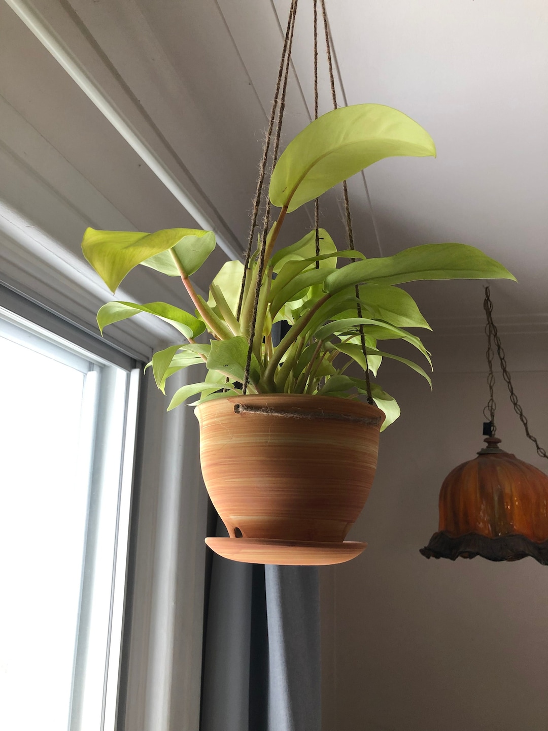 Hanging Pottery Planter With Built in Catch Basin, Hanging Ceramic ...
