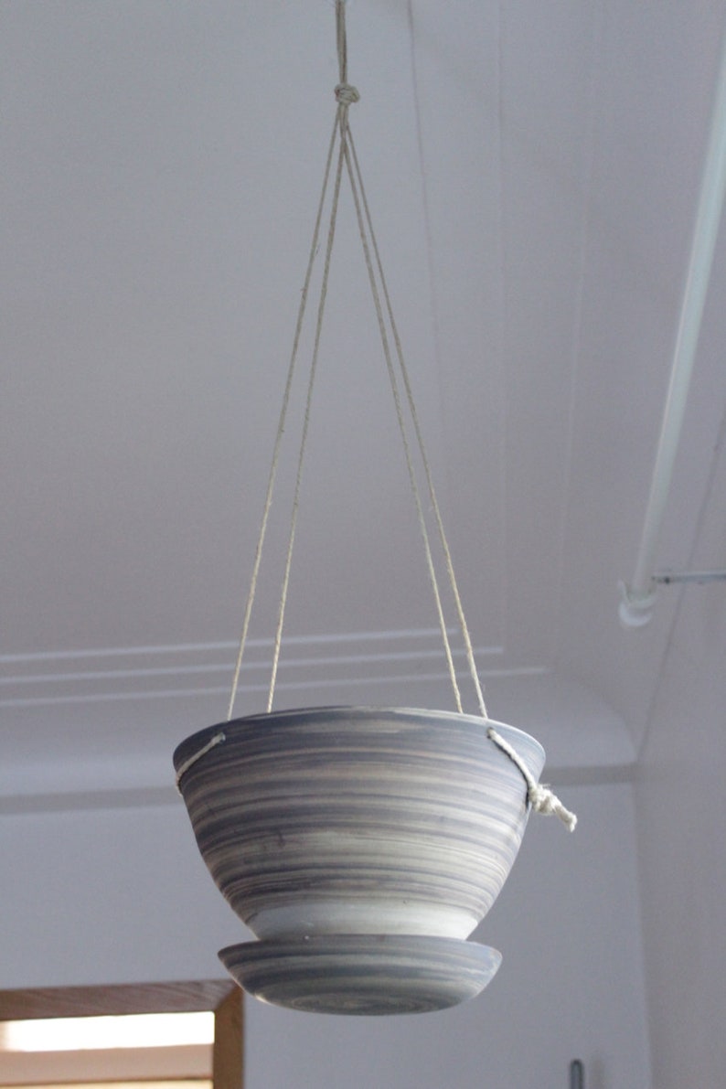 Hanging Pottery Planter: Stoneware With Gray Iron Wash, Built-in Catch ...