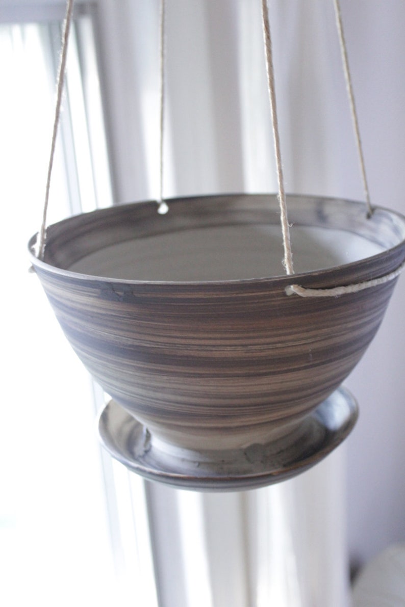 Hanging Pottery Planter: Stoneware With Gray Iron Wash, Built-in Catch ...
