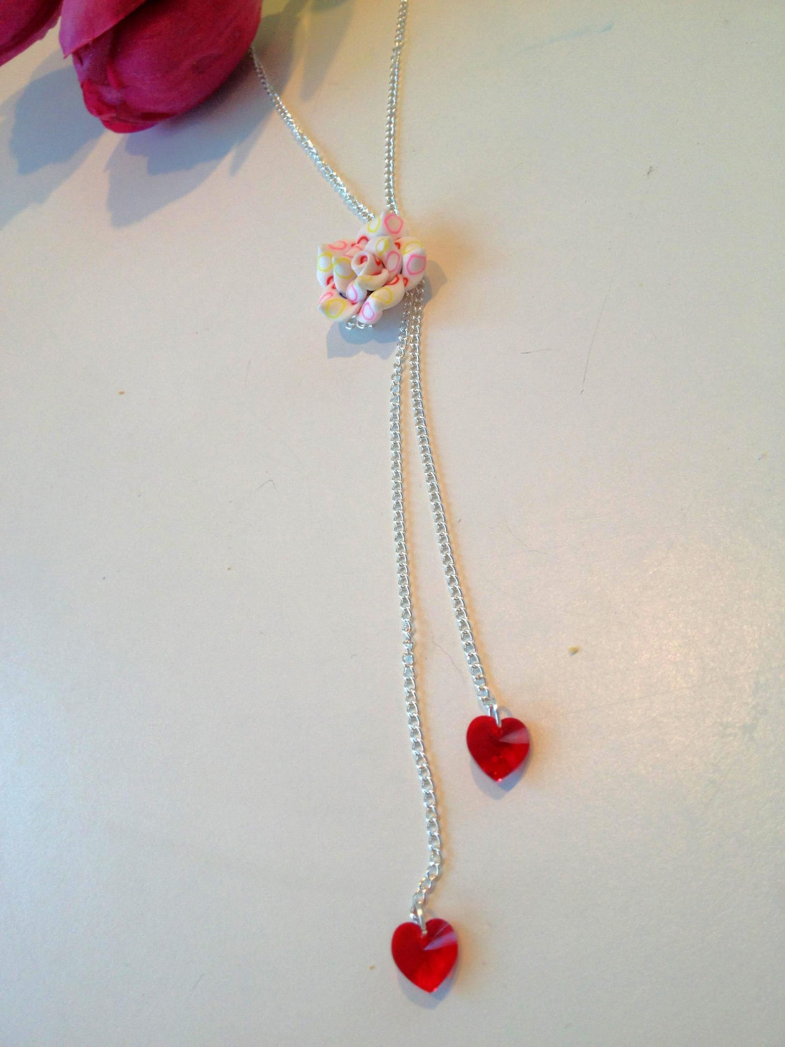 Flirty Flower and Dangle Hearts Necklace on a Silver Plated Chain - Etsy