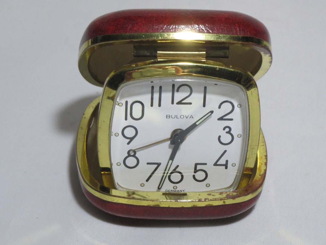 Vintage BULOVA Red Travel Alarm Clock Wind-up Glow in Dark Hands Tested ...