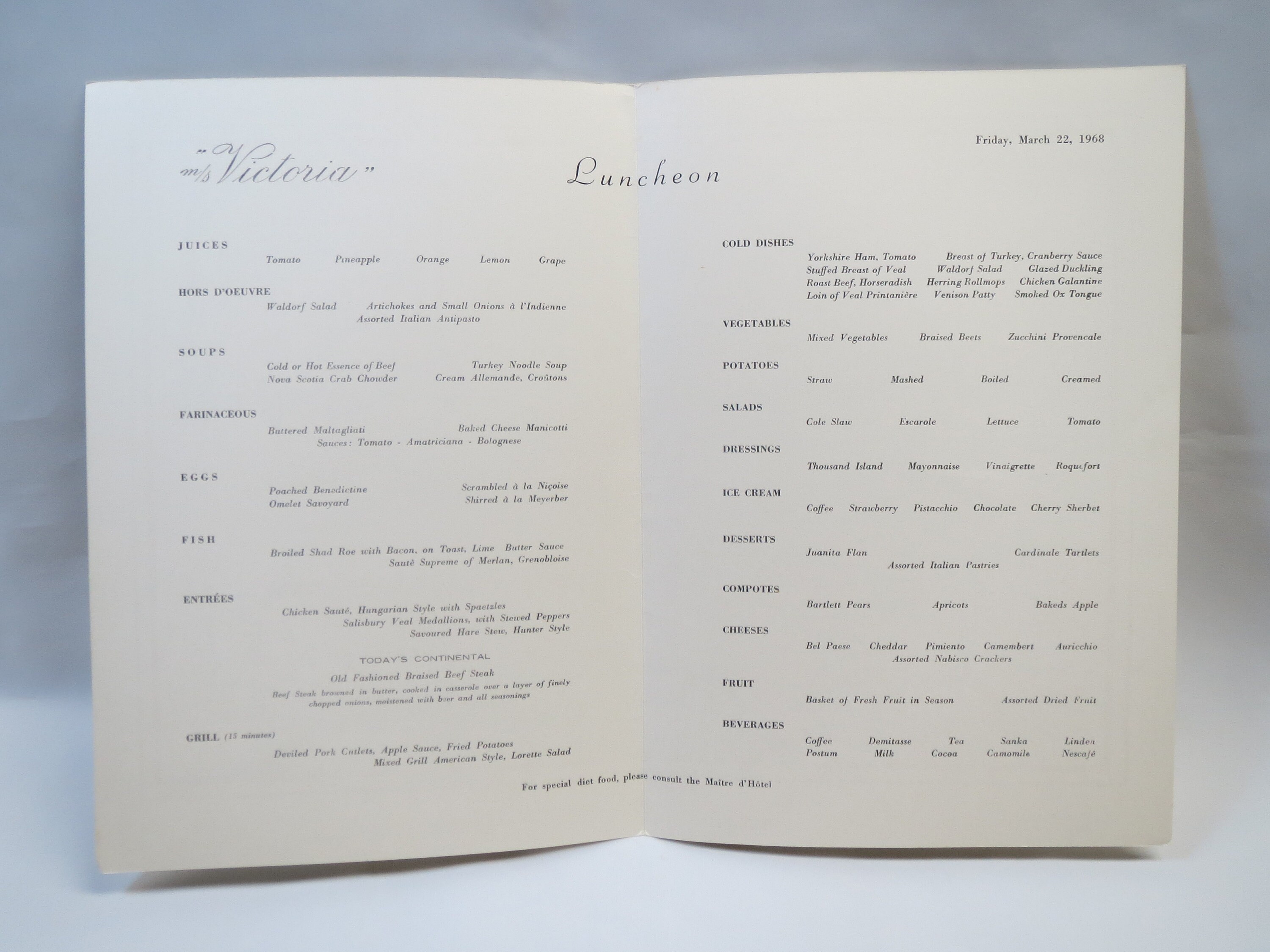 Vintage Cruise Ship Menu MS VICTORIA Incres Line 1968 With Copy of 1777 ...