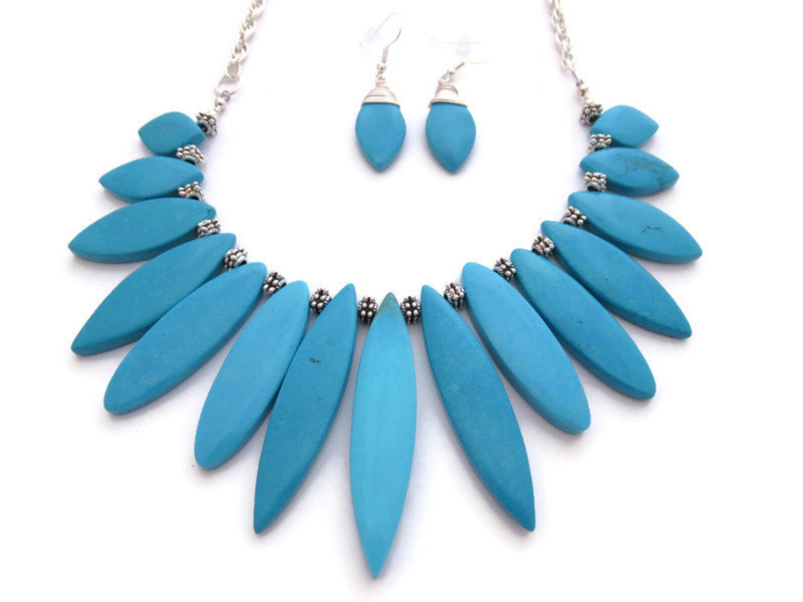 Turquoise Fan Necklace Turquoise Blue Stone Necklace Set - Etsy