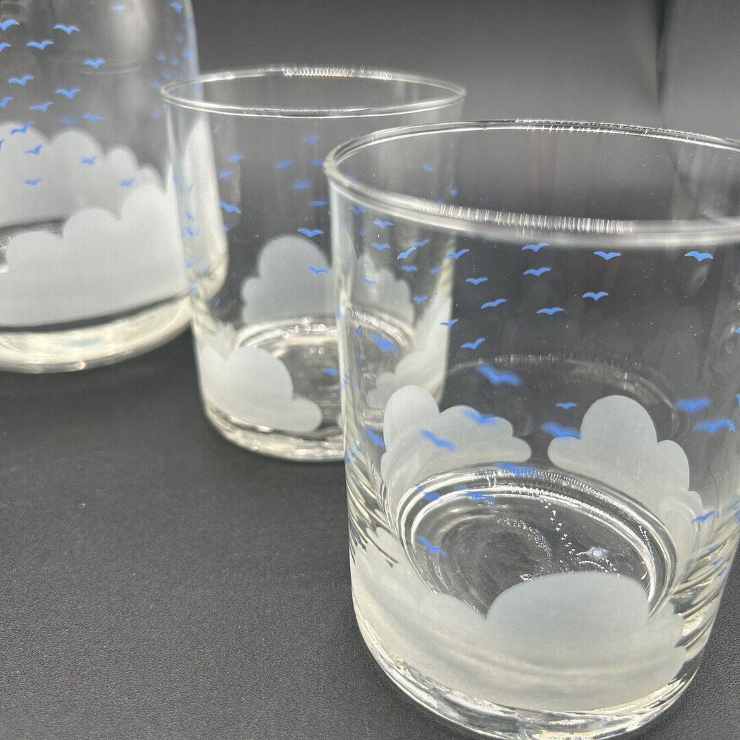 Waldonia Crystal Decanter and Glasses With Clouds and Birds LIKE NEW - Etsy