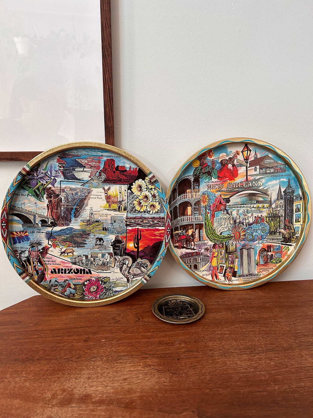 Vintage Arizona & New Orleans Souvenir Tin Trays With North Dakota ...