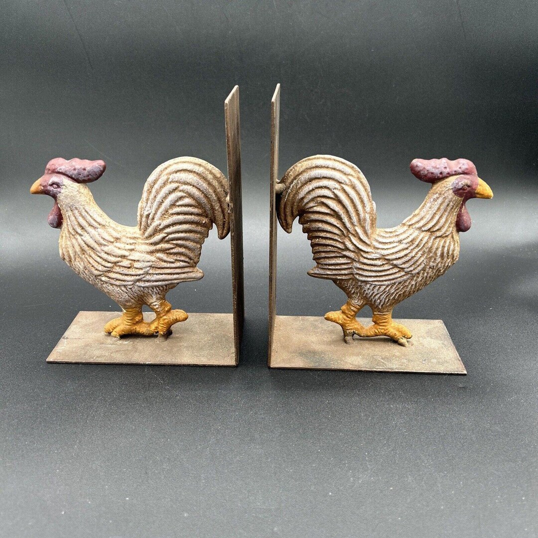 Pair of Vintage Cast Iron Rooster Bookends Handpainted/rustic - Etsy