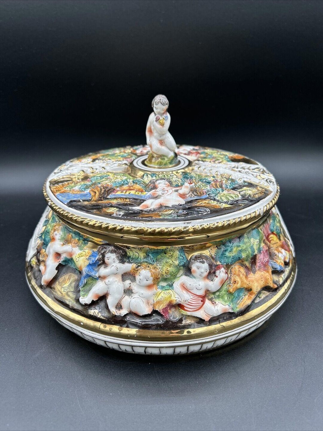 Vtg Capodimonte Porcelain Bernini Lidded Hand Painted Bowl W/ Cherubs ...
