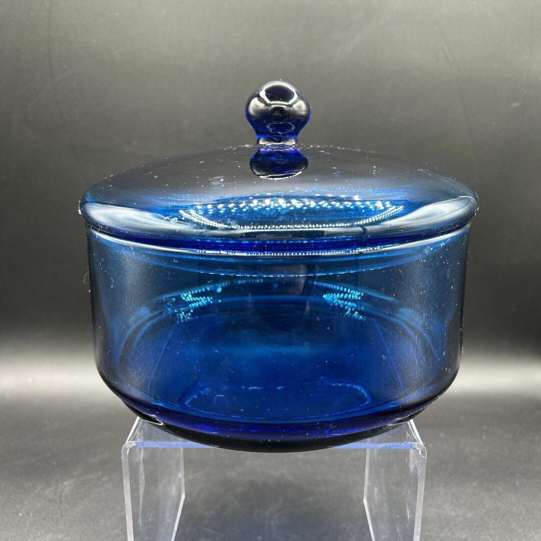 Vintage Large Blue Glass Jar With Lid Mid Century Modern Lidded Candy ...